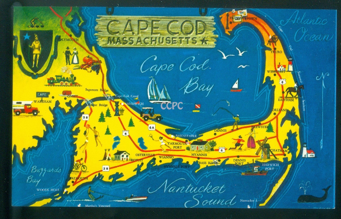 Cape Cod Massachusetts Vacation Road Map Undated Postcard | Etsy