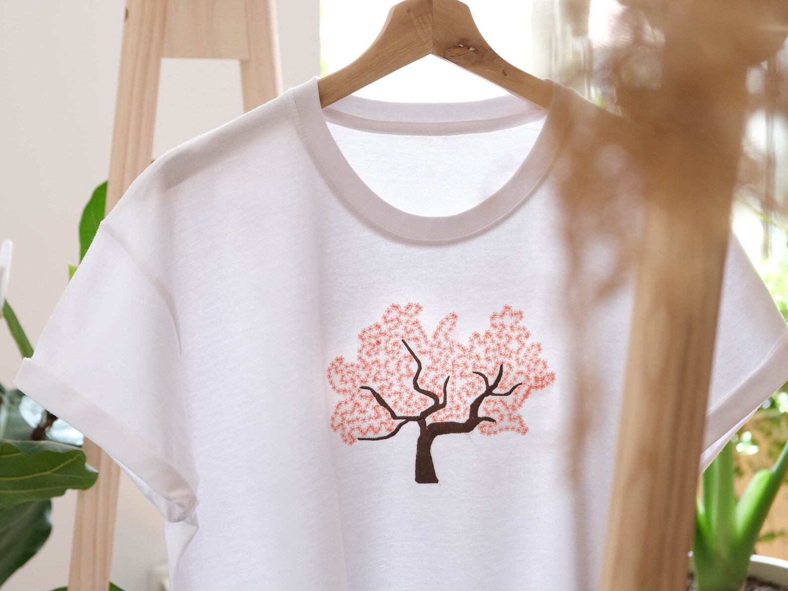 Cherry Blossom Tree Embroidered T-shirt, Sakura Embroidery on Cotton T ...