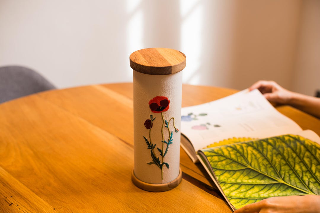 Poppy Flower Lamp Oak Wood Table Light Flower Embroidered Canvas Lamp ...