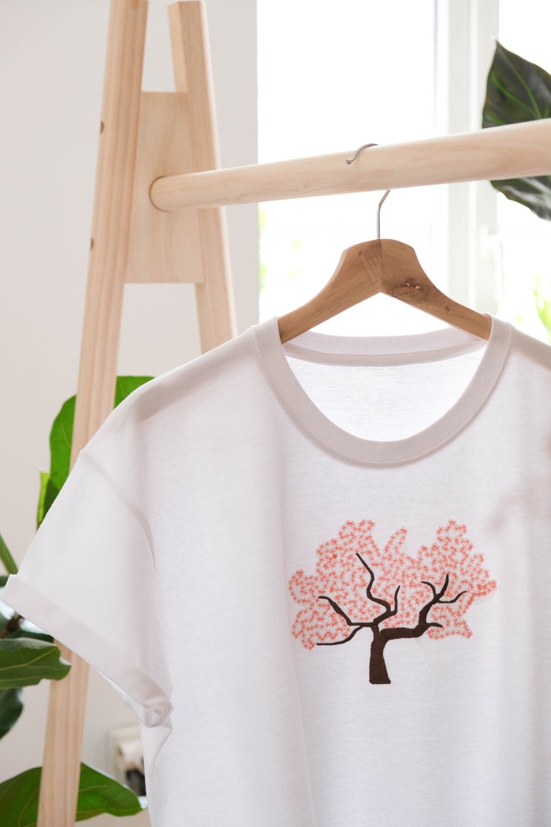 Cherry Blossom Tree Embroidered T-shirt, Sakura Embroidery on Cotton T ...