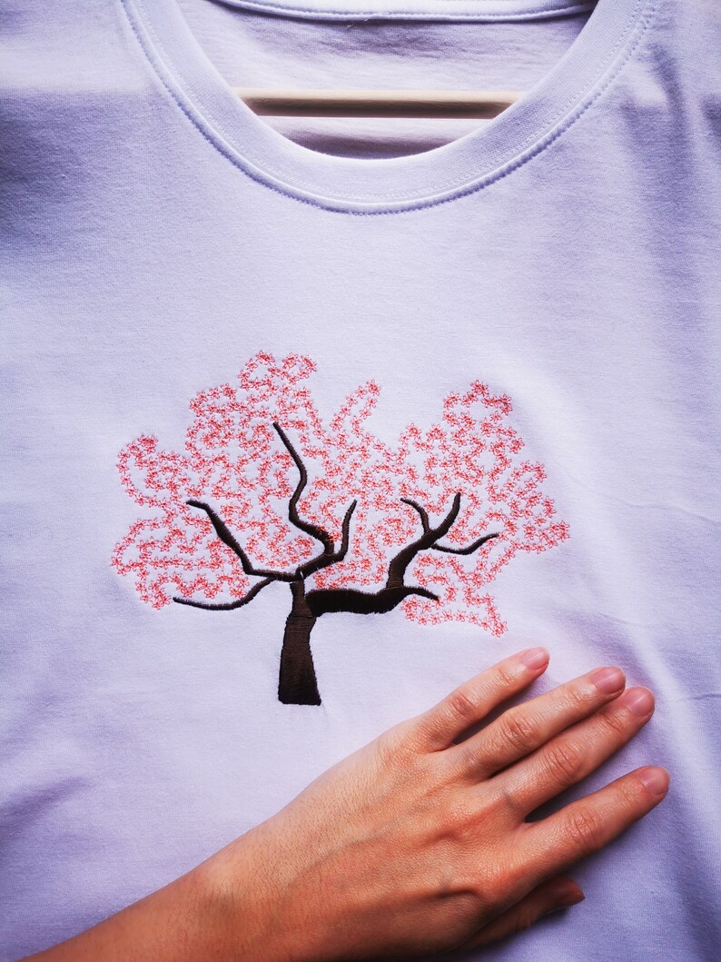 Cherry Blossom Tree Embroidered T-shirt, Sakura Embroidery on Cotton T ...