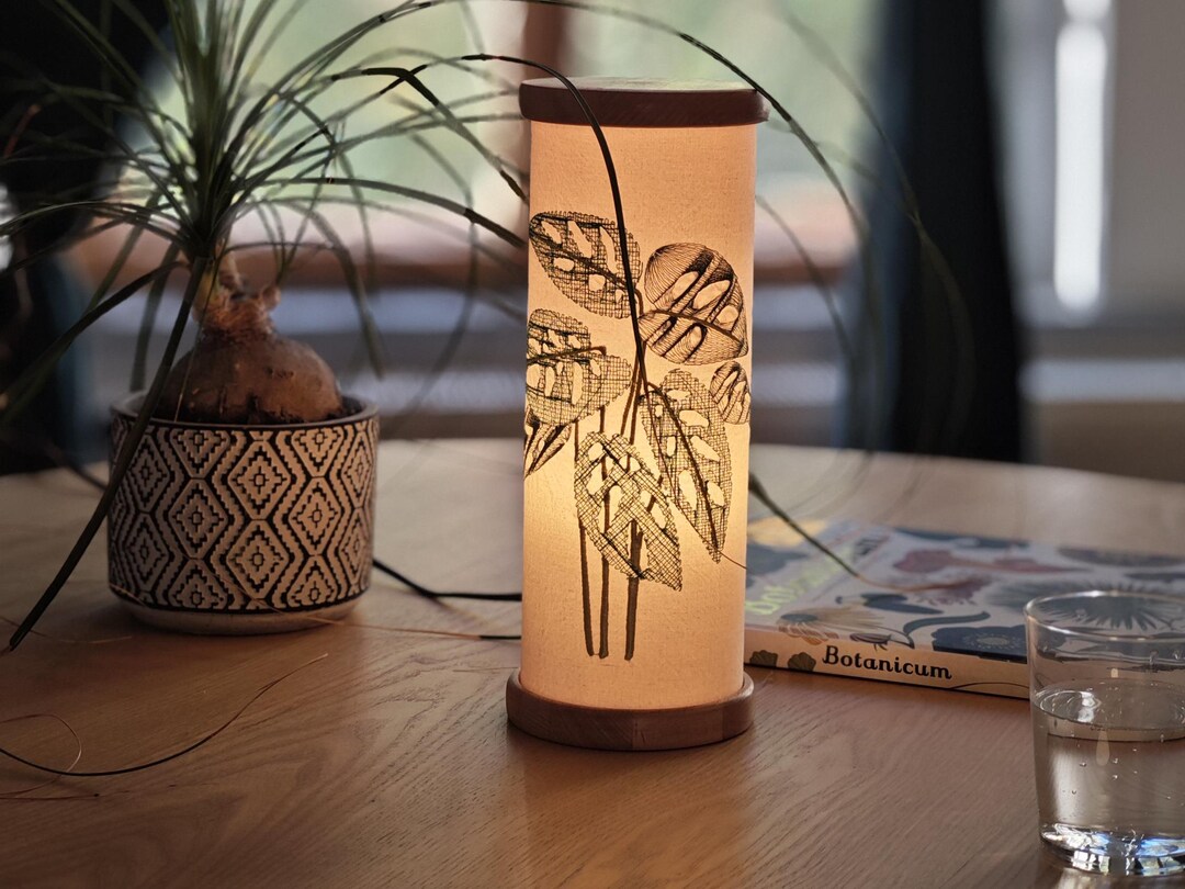 Monstera Lamp | Oak Wood Table Light | Leaf Embroidered Canvas | Plant ...