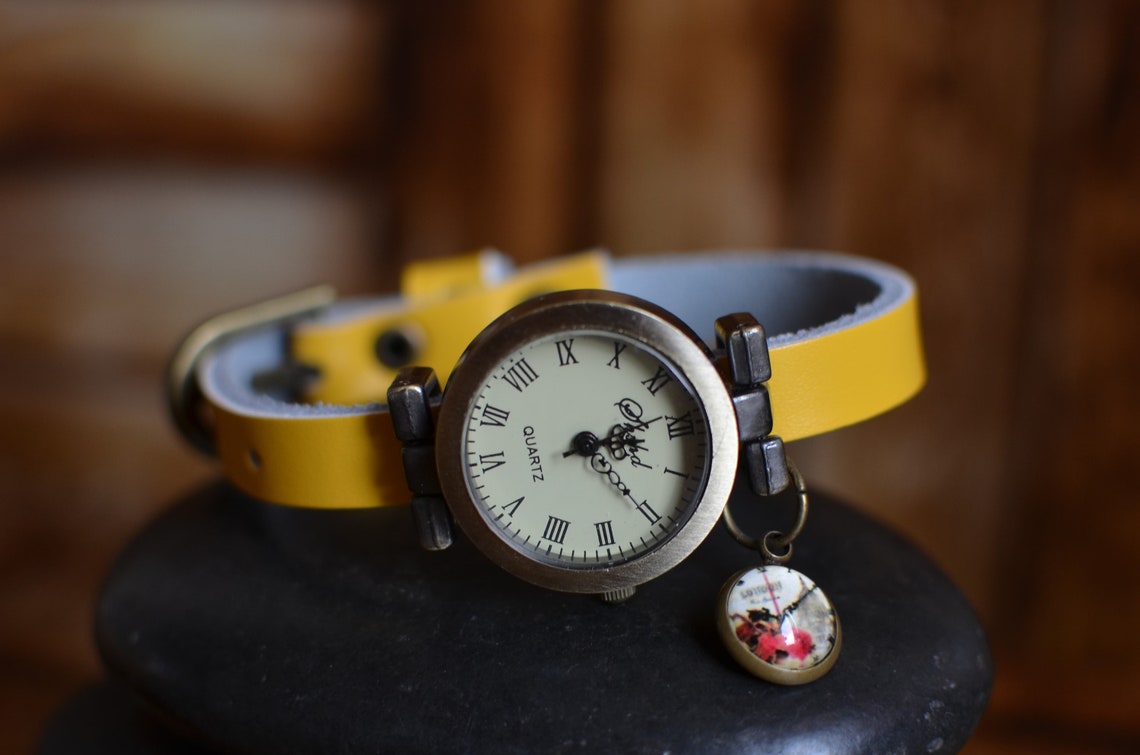 Womens Yellow Watch, Ladies Leather Watch, Bronze Anniversary, Third ...