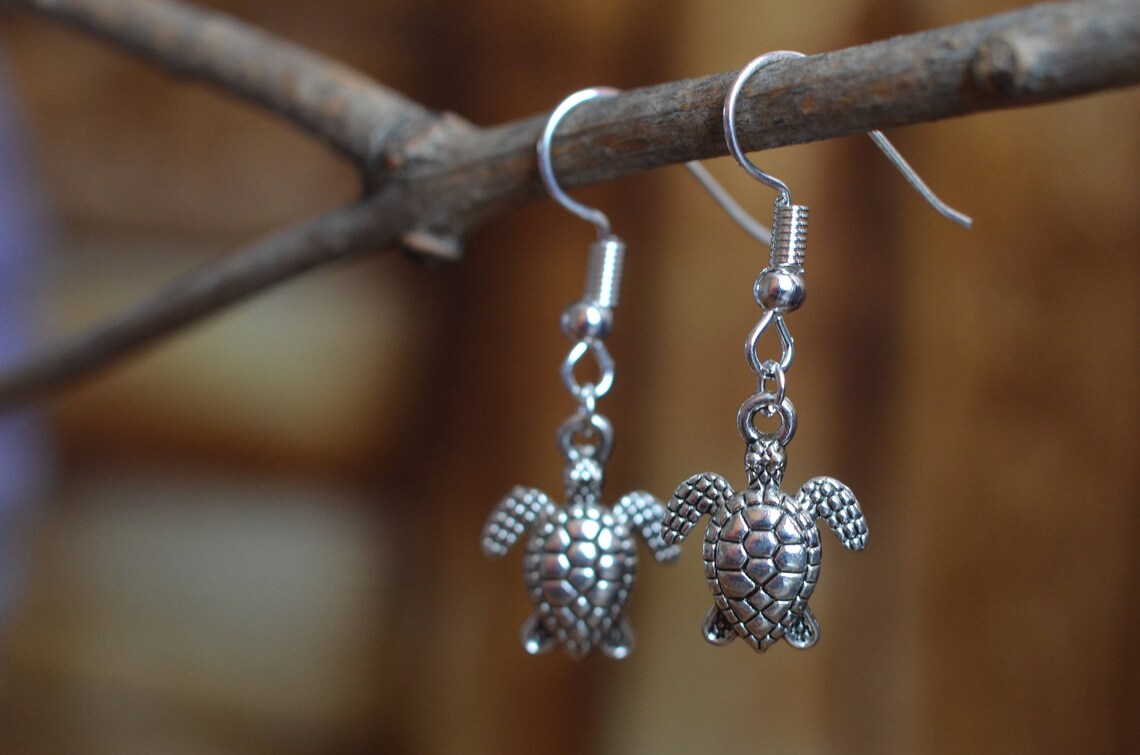 Silver Turtle Earrings, Silver Plated Earrings, Dangle Earrings, Silver ...