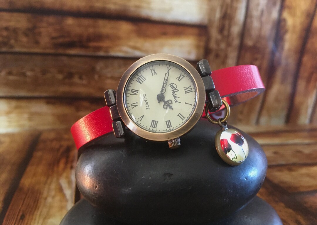 Red Leather Womens Watch, Poppy Charm Watch, Bronze Anniversary Gift ...