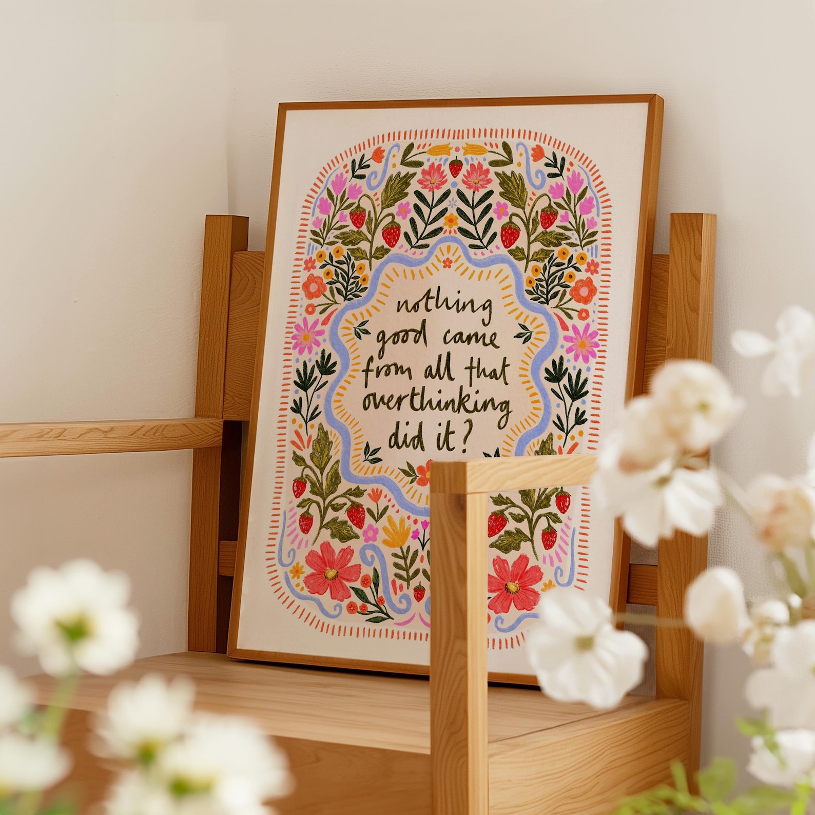 Overthinking Floral Strawberry Quote Print, Bohemian Wild Flower Wall ...