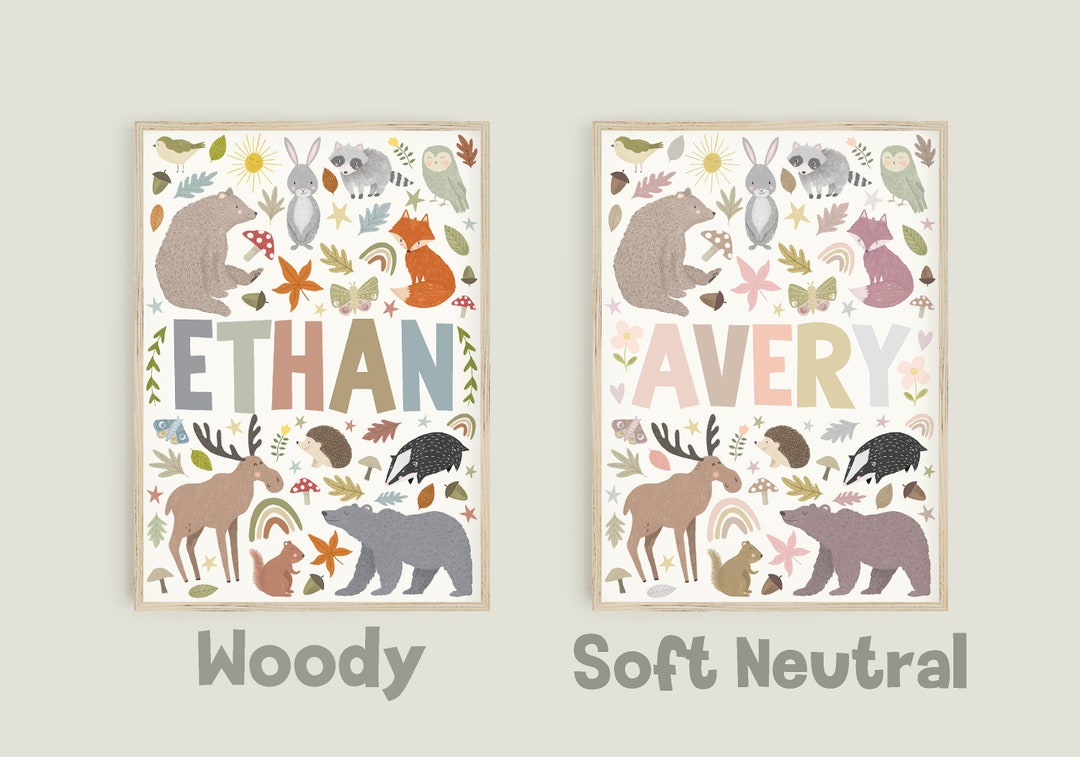 Personalised Woodland Animal Name Print, Nursery Wall Art - Etsy