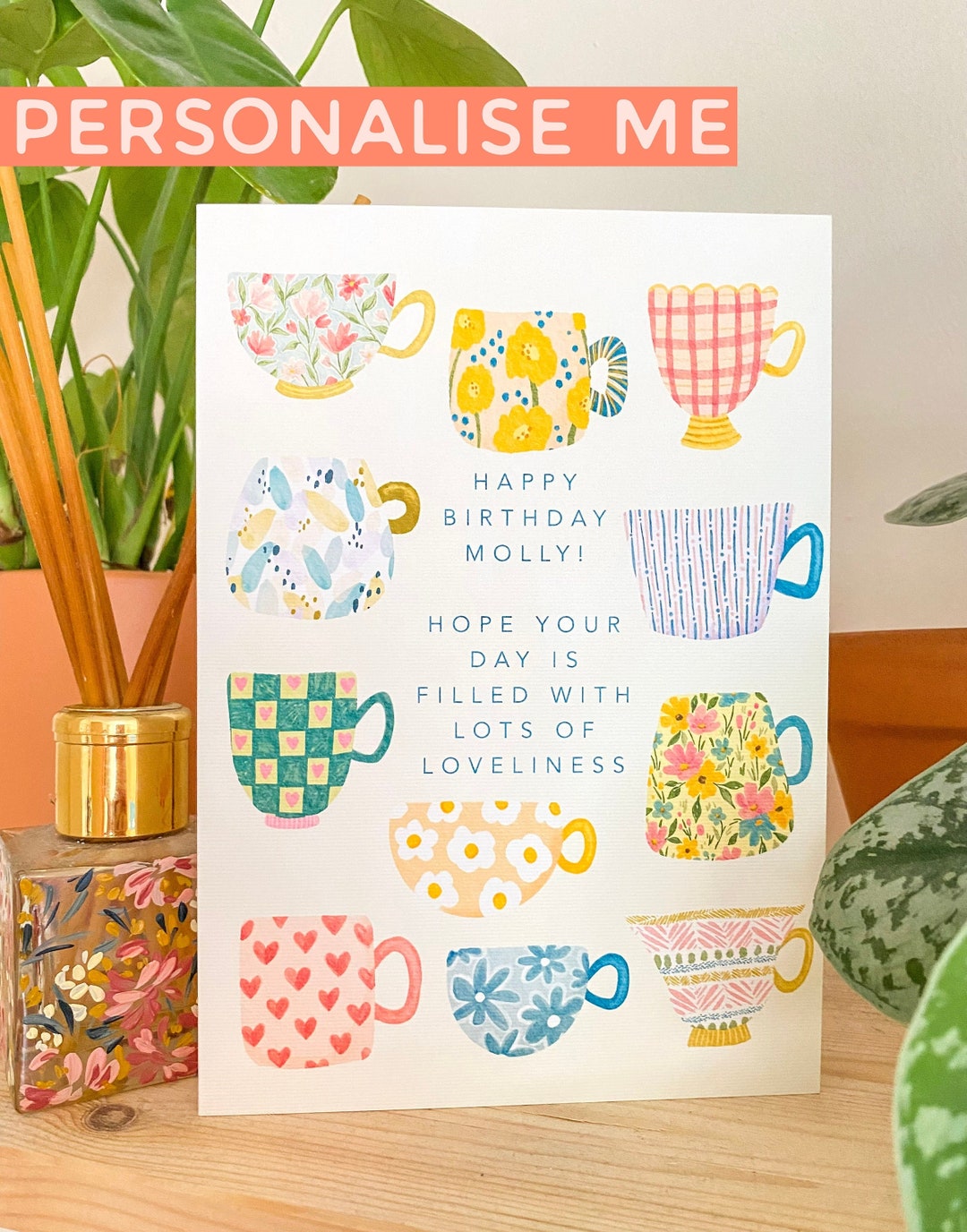 Personalised Tea Cup A5 Greeting Card, Happy Birthday Card, Tea Lover ...