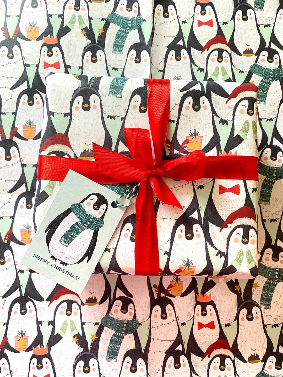 Penguin Christmas Gift Wrap and Tags Set, Recyclable Wrapping Paper ...