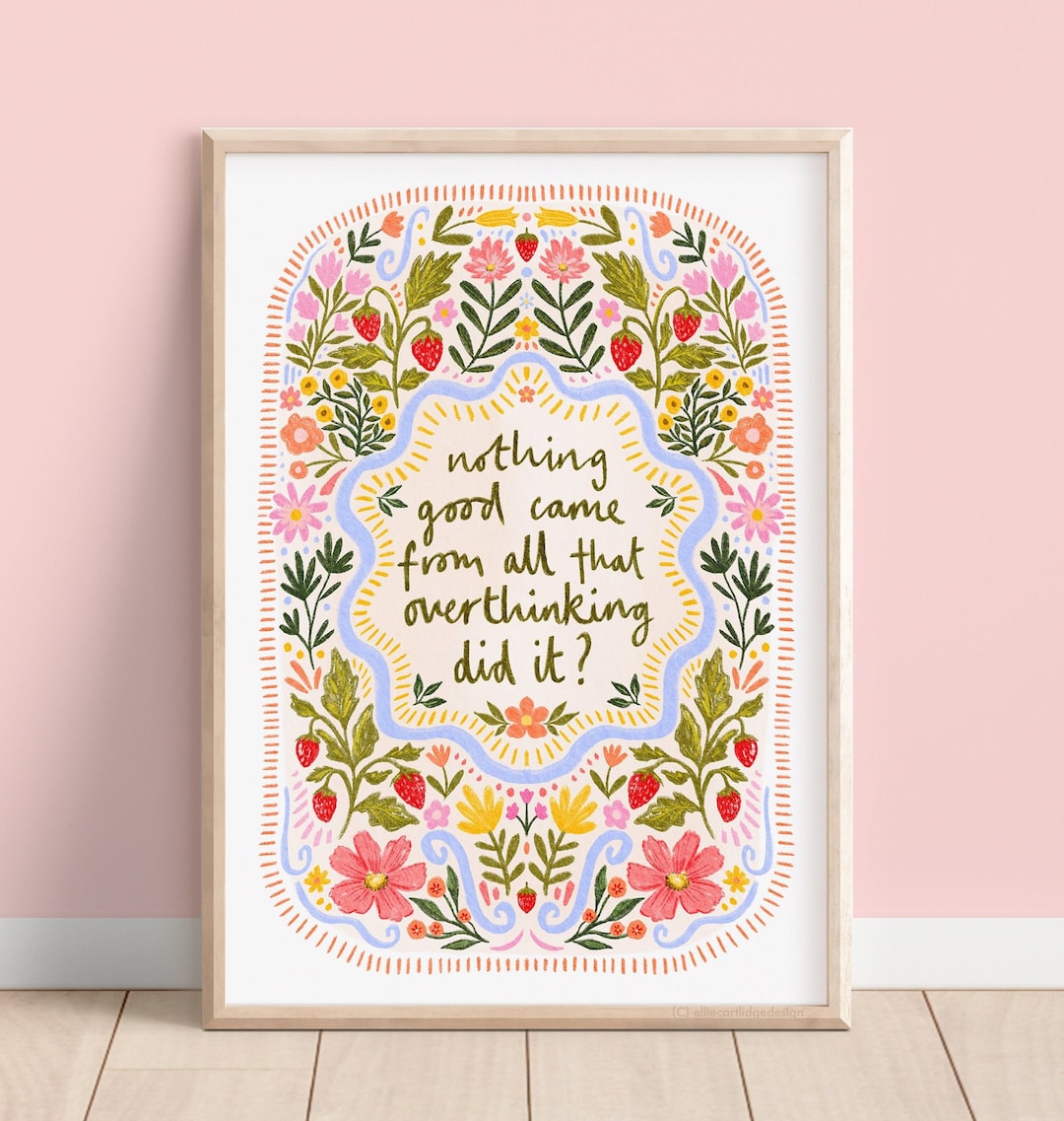 Overthinking Floral Strawberry Quote Print, Bohemian Wild Flower Wall ...