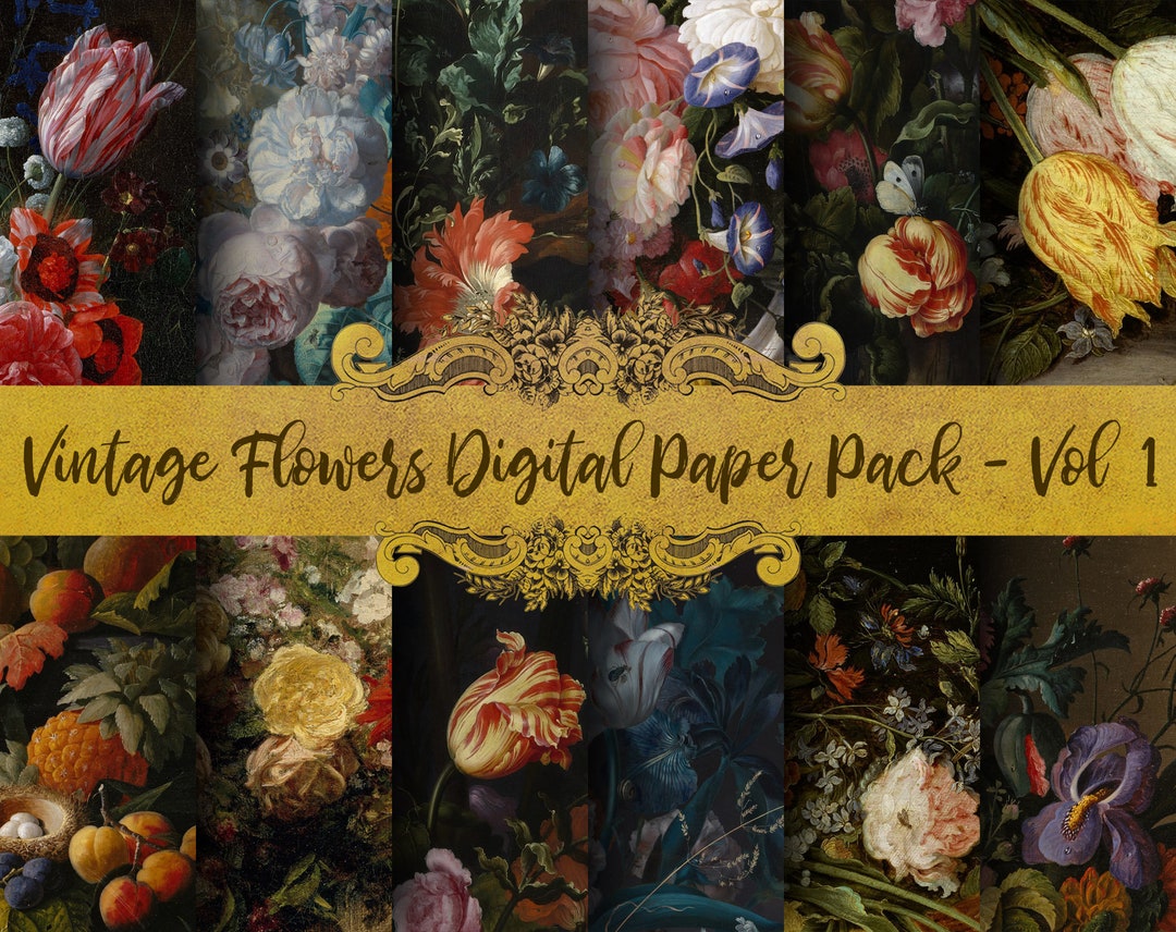 Vintage Flowers Digital Paper Vol 1, Classical Painting, Oil Paint Clip ...