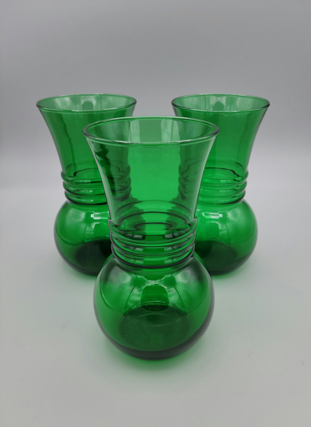 Set of 3 Vintage Emerald Green Glass Vases | Anchor Hocking Ribbed ...