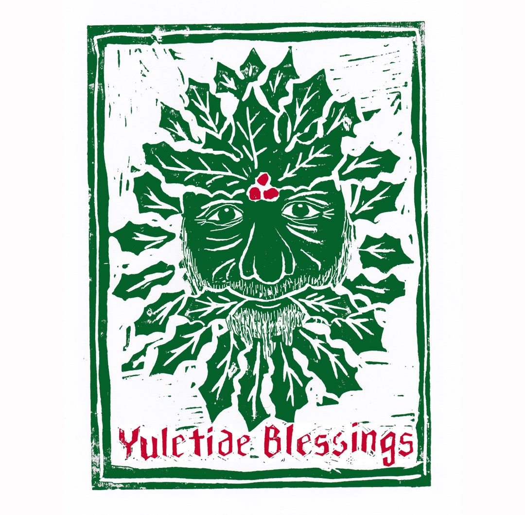 Yule Blessings Xmas Winter Solstice Holly King Linocut Pagan Greetings ...