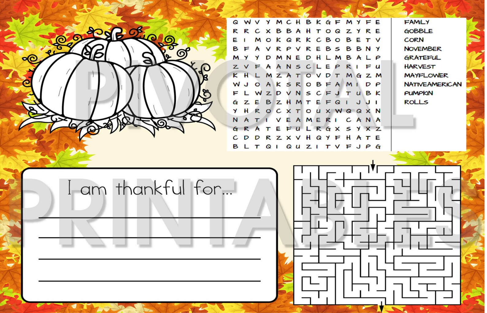 Printable Thankgiving Kids Placemats With Activity Sheets, Pack of 5 ...