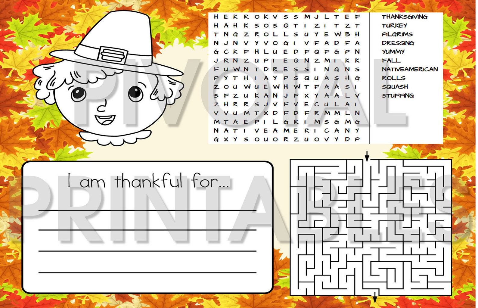Printable Thankgiving Kids Placemats With Activity Sheets, Pack of 5 ...