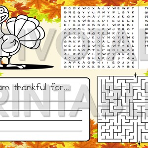 Printable Thankgiving Kids Placemats With Activity Sheets, Pack of 5 ...
