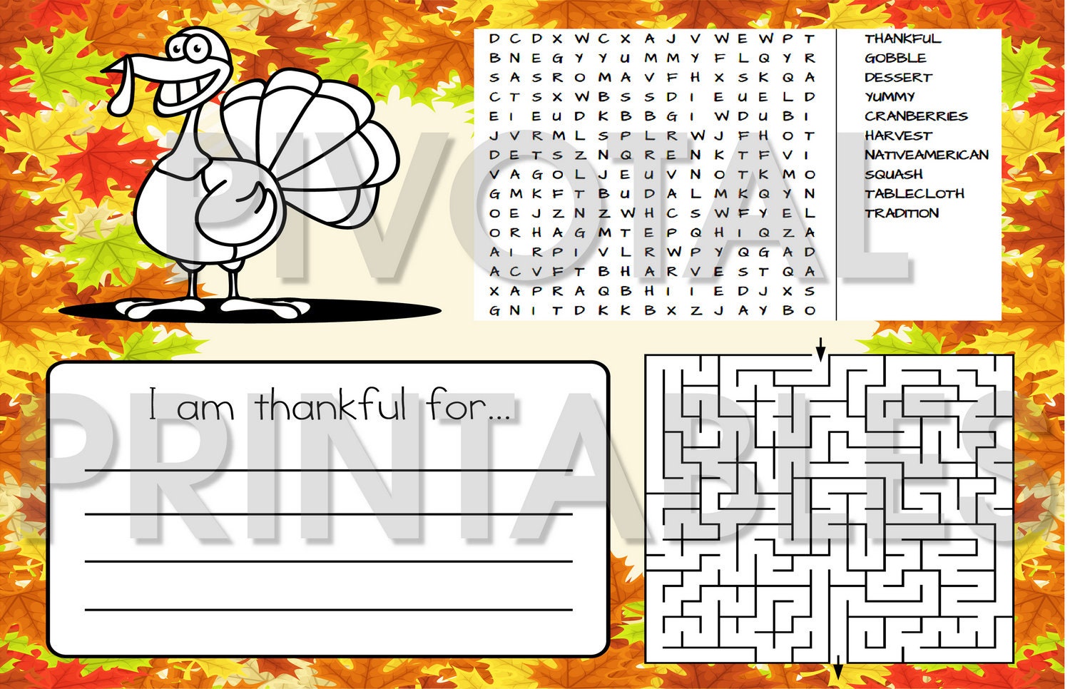 Printable Thankgiving Kids Placemats With Activity Sheets, Pack of 5 ...