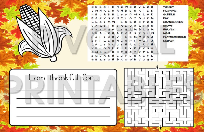 Printable Thankgiving Kids Placemats With Activity Sheets, Pack of 5 ...
