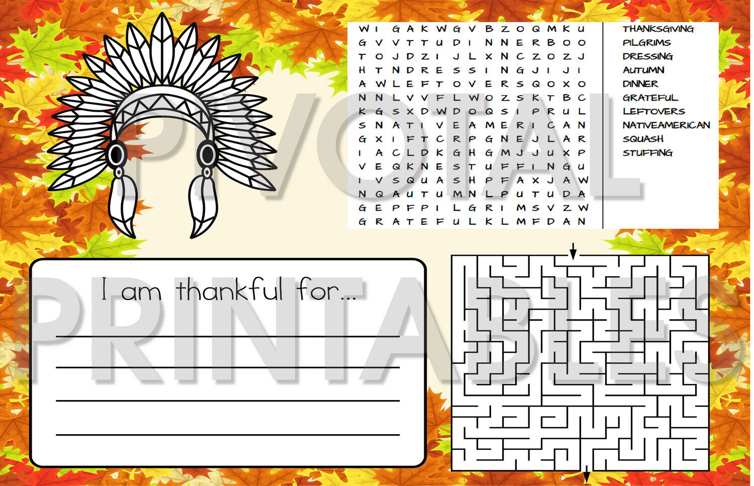 Printable Thankgiving Kids Placemats With Activity Sheets, Pack of 5 ...