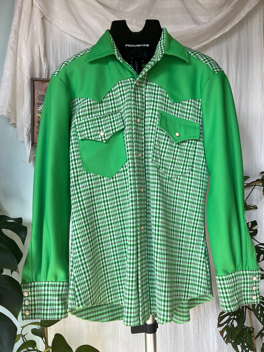1970s Vintage Handmade Lime Green 70s Snapback Funky Vintage Western ...
