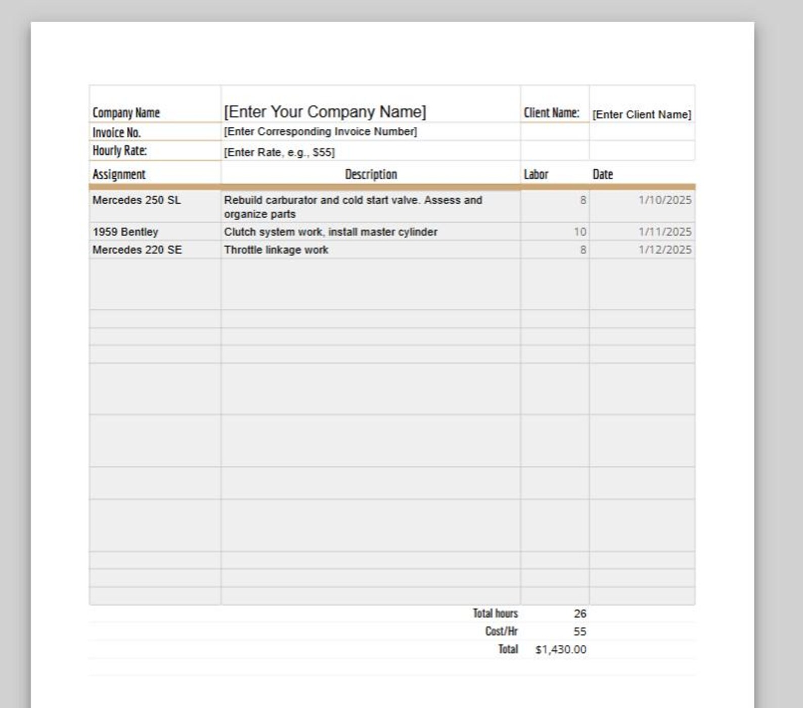 Customizable Labor Log Template for Invoices (google Sheets / Excel) - Etsy