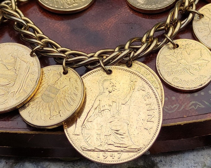 Vintage 12k Gold Fill Coin Charm Bracelet, 77 Grams 1/20 Gold Filled ...