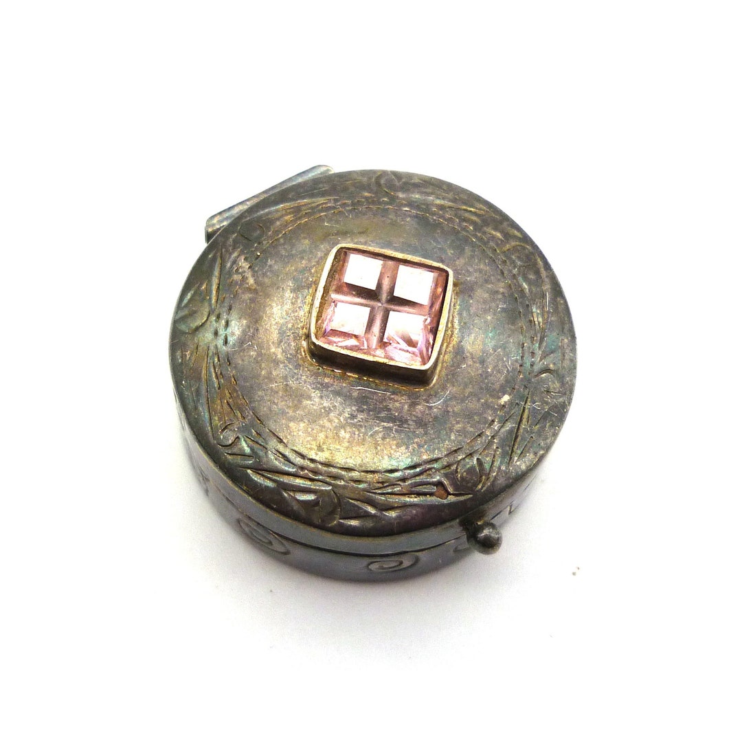 Tiny Little Solid Silver Pill or Trinket Box With Pink Rhinestones to ...