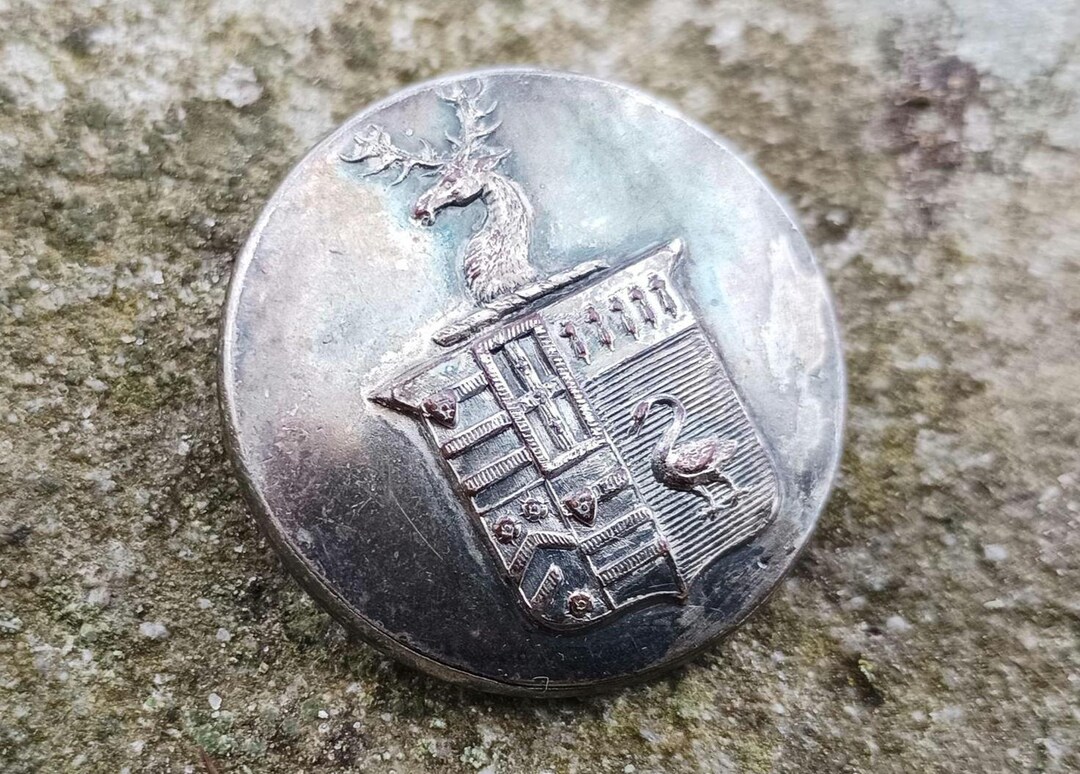 Victorian Livery Button Brooch: Antique Silver Stag & Swan Heraldry Pin ...