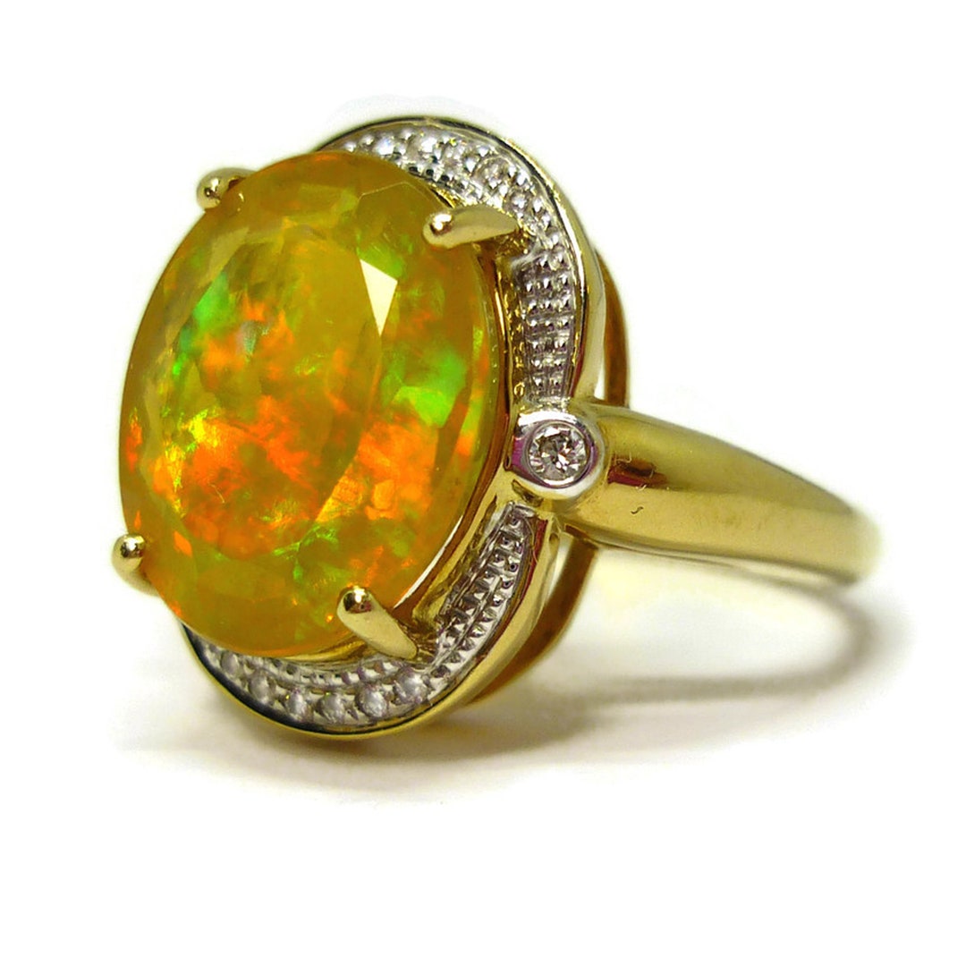 Faceted Opal Ring With Diamond Surround, 18k Gold Dress Ring Size 6.75 ...