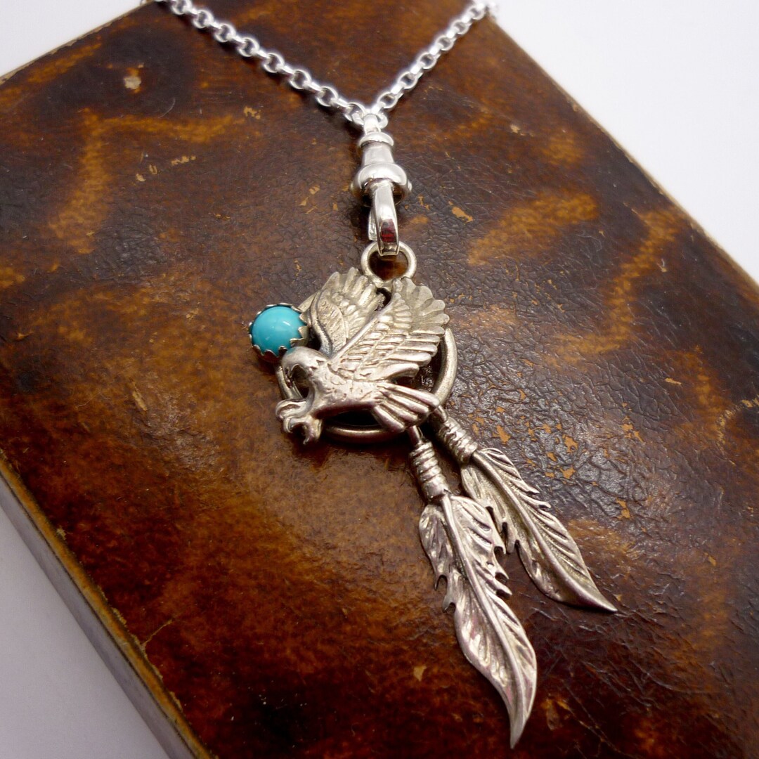 Vintage Navajo Silver & Turquoise Eagle and Feather Pendant on Long ...