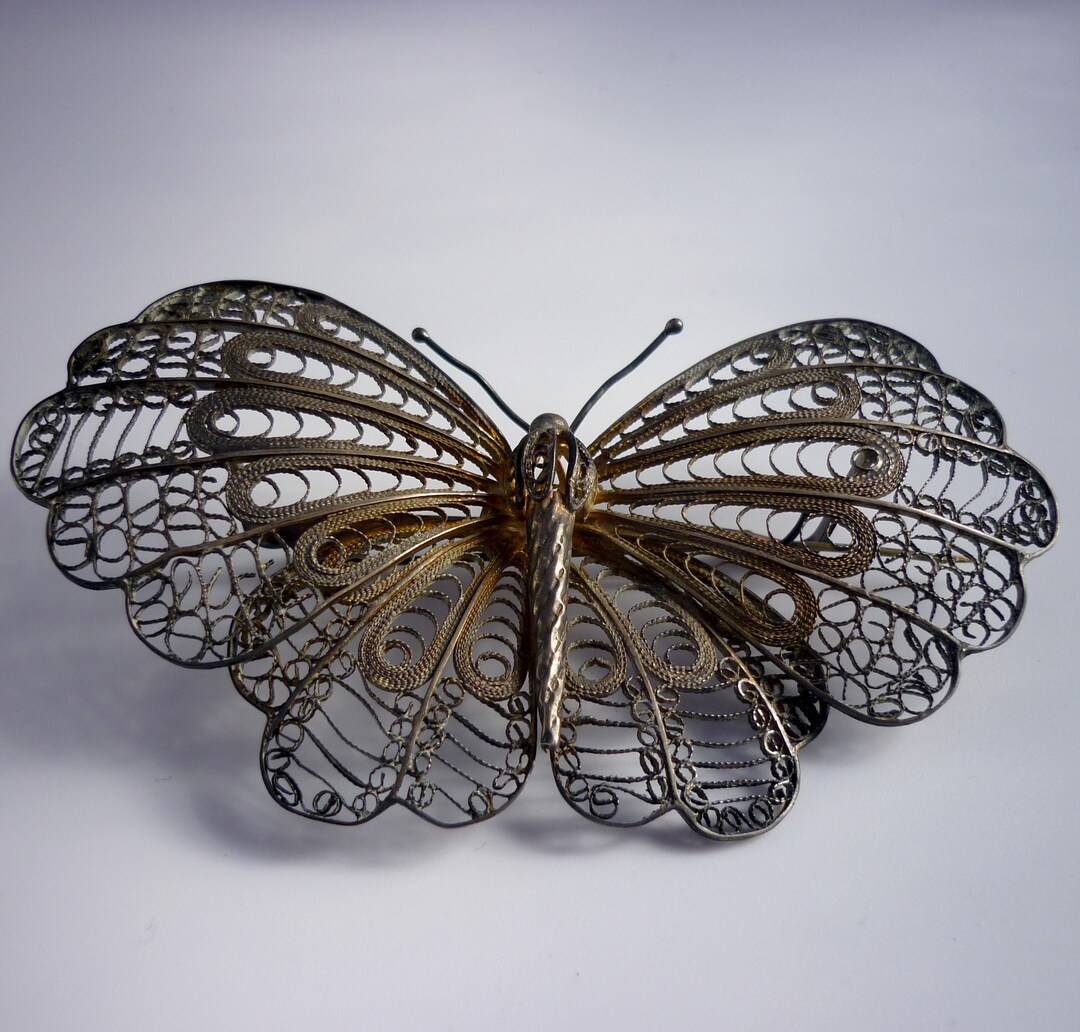 Large Antique Filigree Silver Butterfly Brooch - Etsy