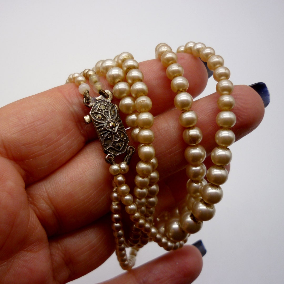 Double Stranded Pearls With Marcasite and Silver Clasp in Vintage ...