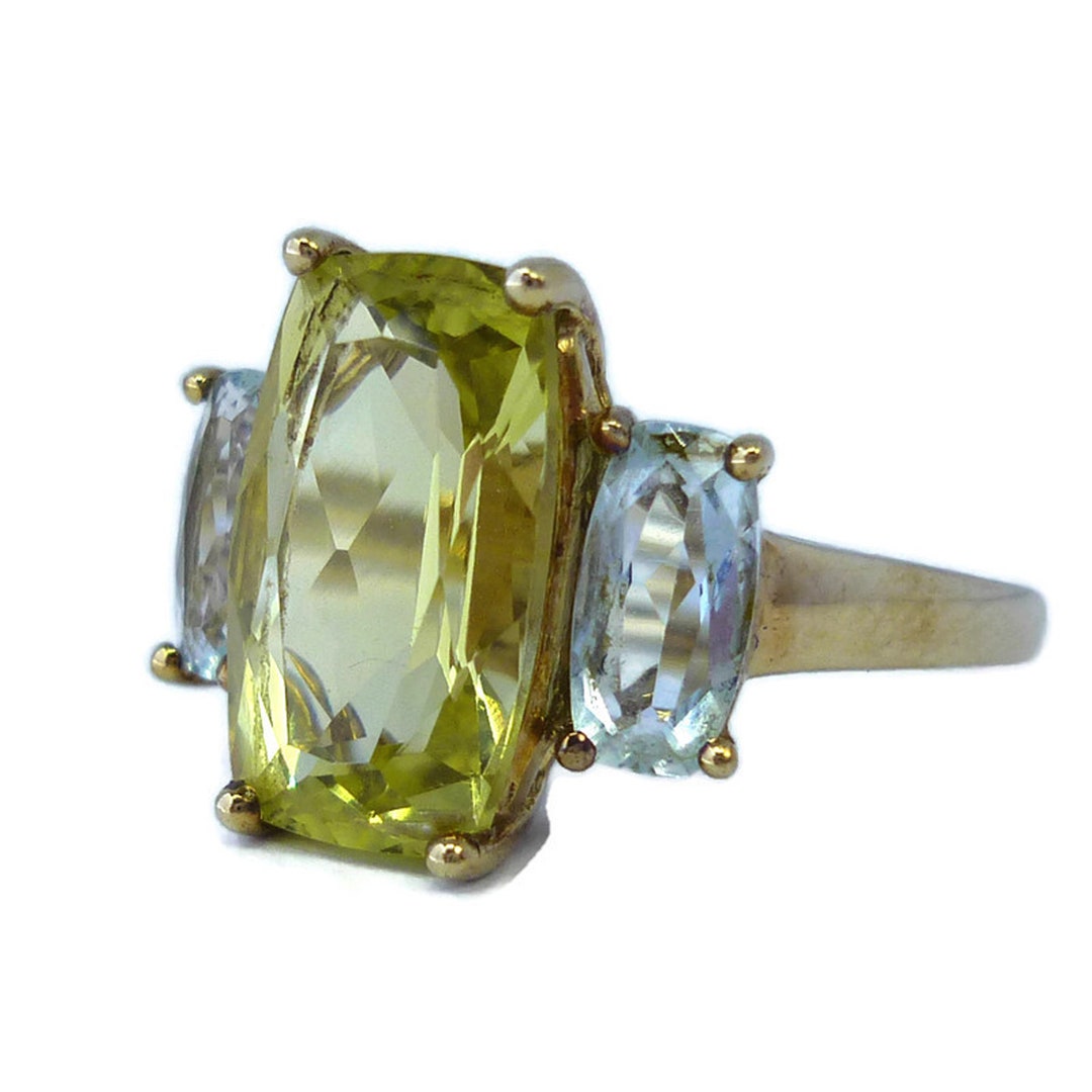 Yellow Green Tourmaline Ring With Pale Blue Gemstones, 3 Stone ...