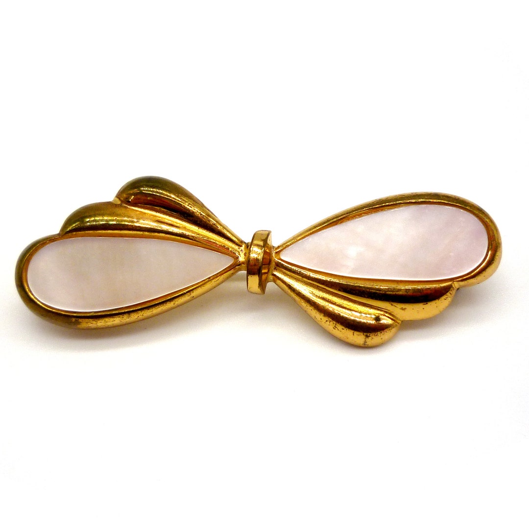 Vintage Gold Tone Bow Brooch With Mother Of Pearl Panels Etsy Uk