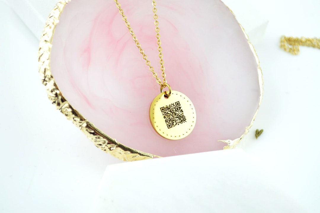 QR Code Engraved Necklace, Secret Message Jewelry, Waterproof Gold ...