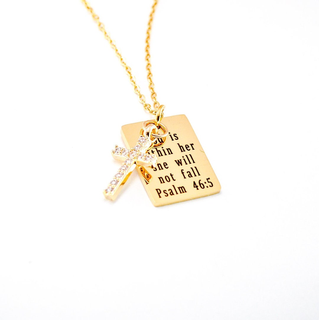 Personalized 14k Gold Cross Charm Necklace, Bible Verse Necklace for ...