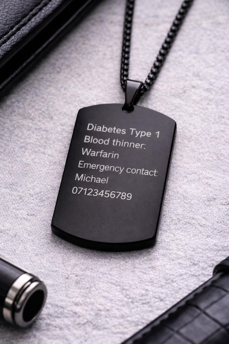 Mens Medical ID Necklace • Personalised Engraved Dog Tag • Diabetic ...