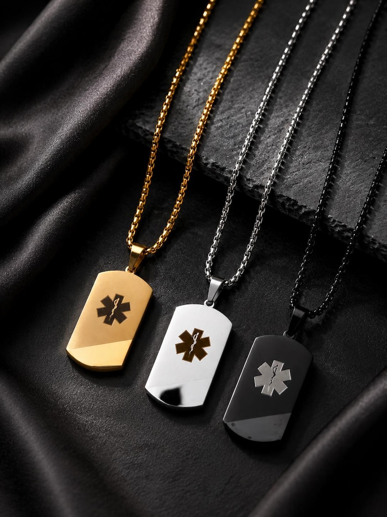 Mens Medical ID Necklace • Personalised Engraved Dog Tag • Diabetic ...