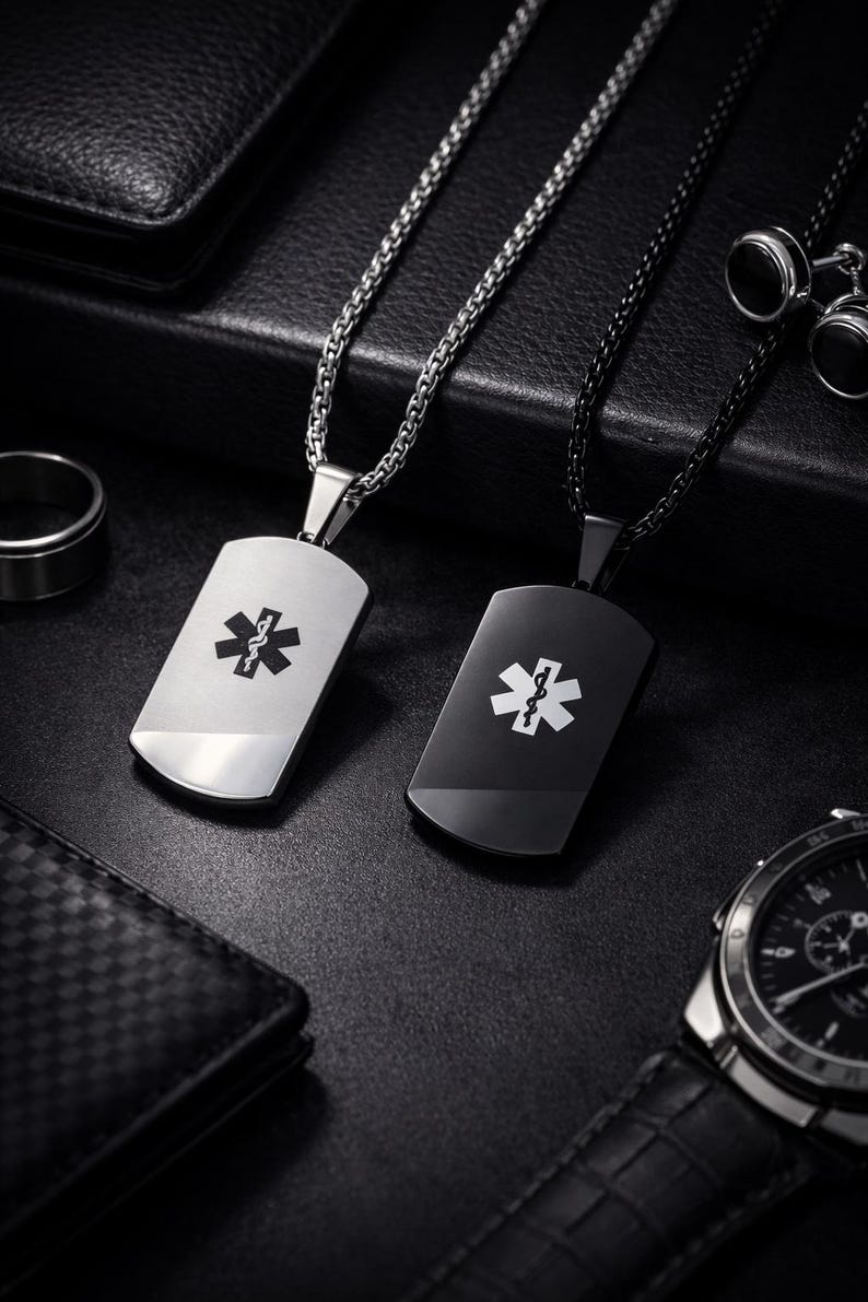Mens Medical ID Necklace • Personalised Engraved Dog Tag • Diabetic ...