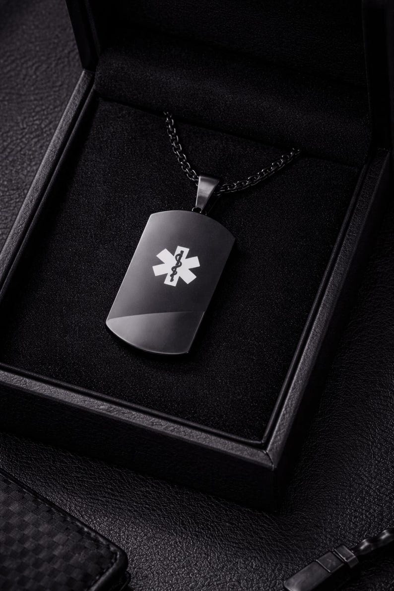 Mens Medical ID Necklace • Personalised Engraved Dog Tag • Diabetic ...