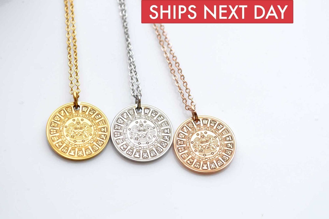 Aztec Mayan Calendar Necklace, Good Luck Charm, Coin Necklace ...
