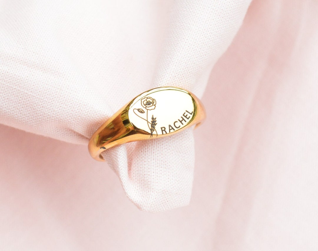 Personalised Birth Flower Ring,custom Signet Ring, Statement Ring, Gold ...