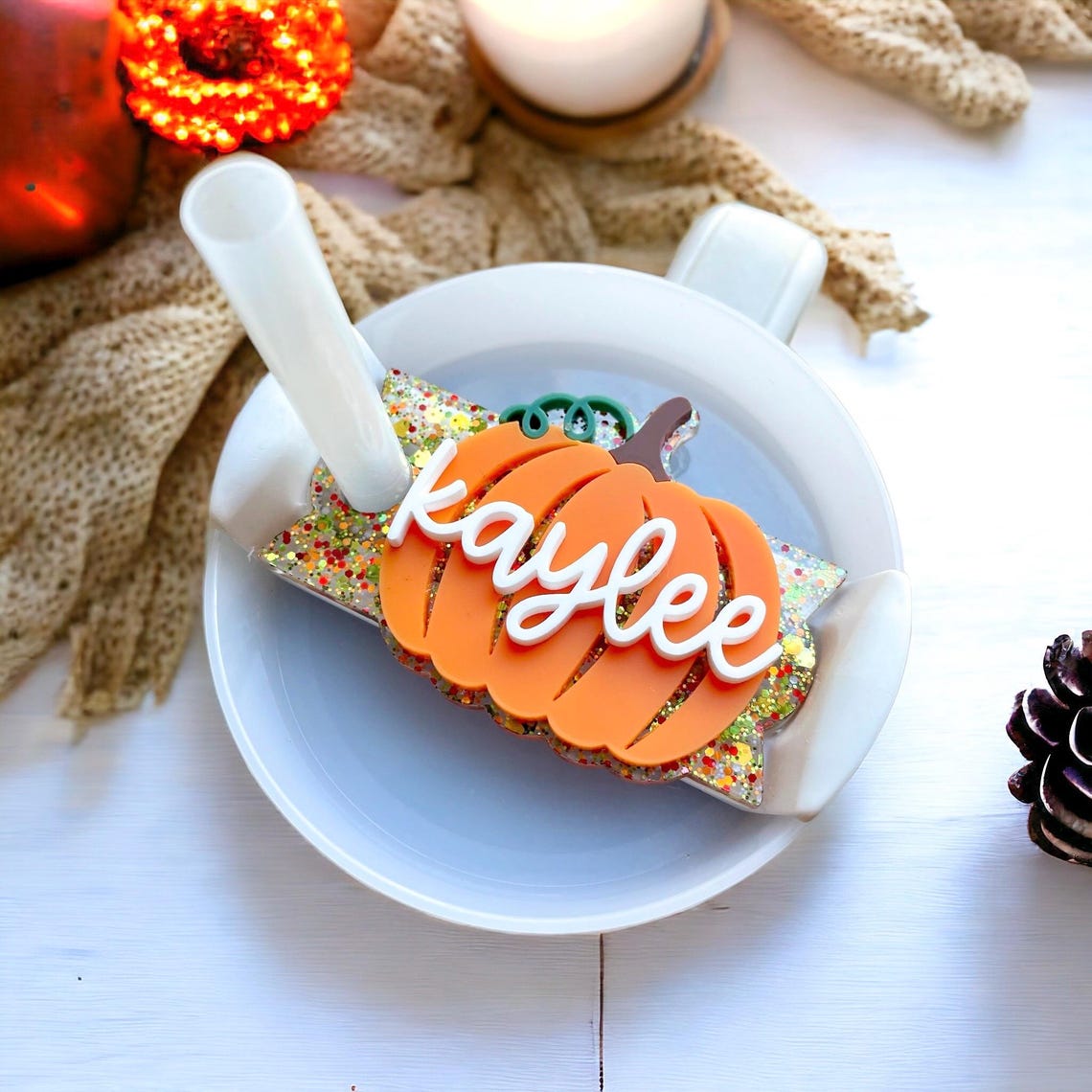 Fall Pumpkin Tumbler Topper, Autumn Name Plate, Fall Glitter Tumbler ...