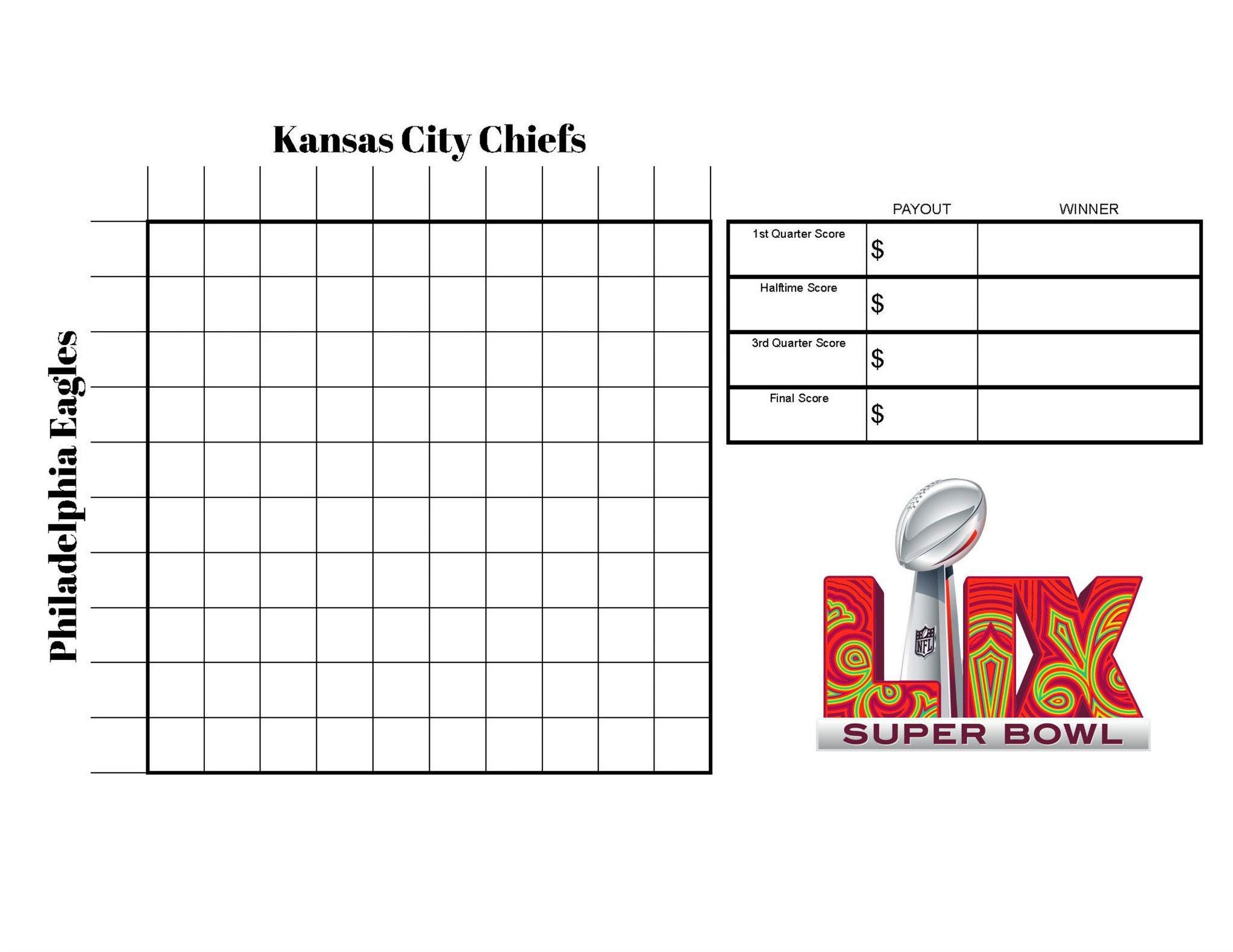 Super Football Squares Pool Game Template - Printable 10x10 Grid for ...
