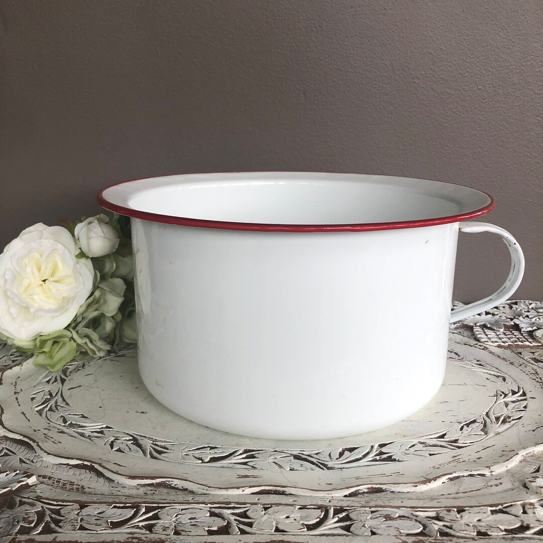Vintage Enamelware Chamber Pot With Handle, Red and White, Farmhouse ...