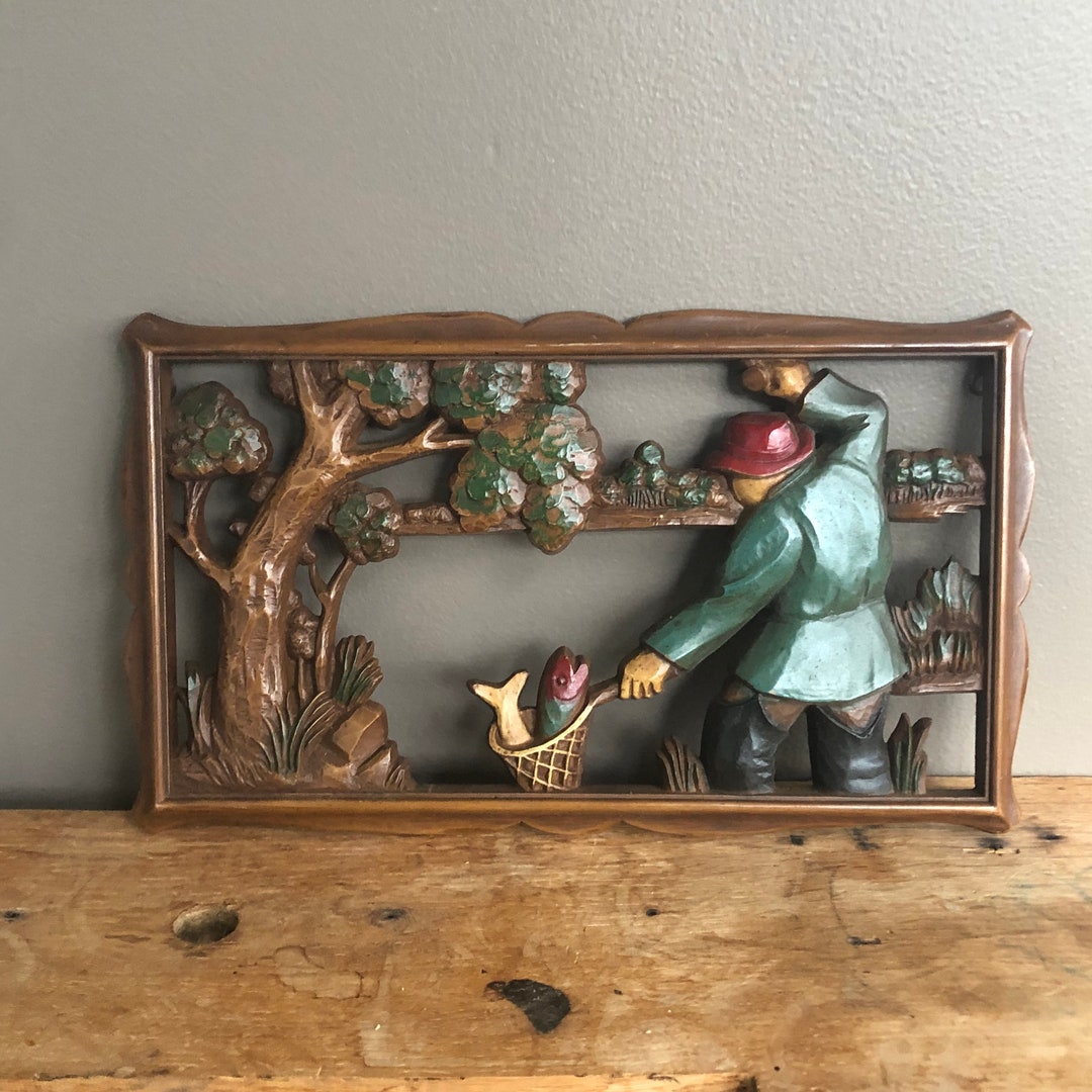 Vintage Syroco Wall Hanging Art, Fisherman Scene, Forest Lake ...