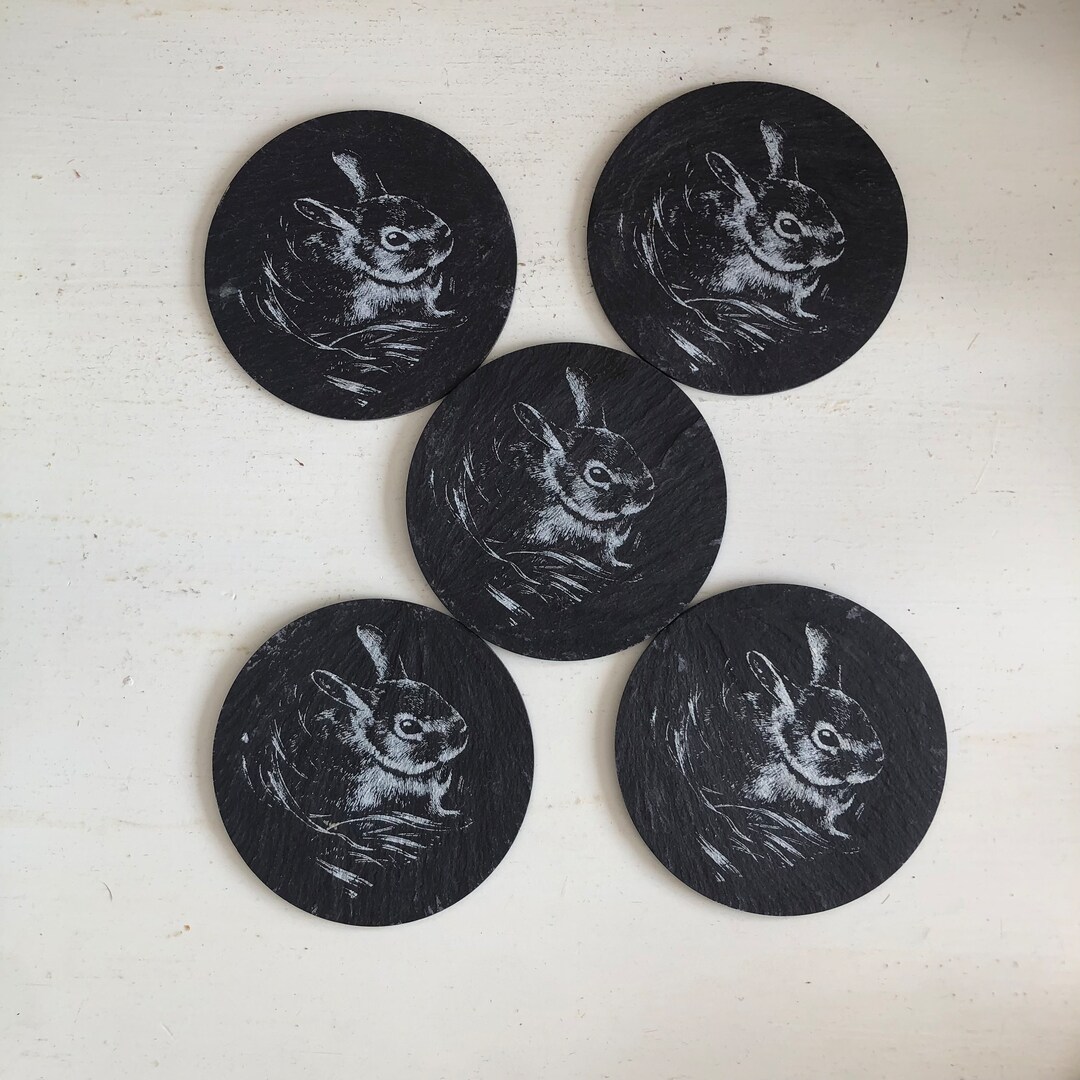 Vintage Slate Coasters, Etched Art, Rabbits, Bunny Rabbits, Barware ...