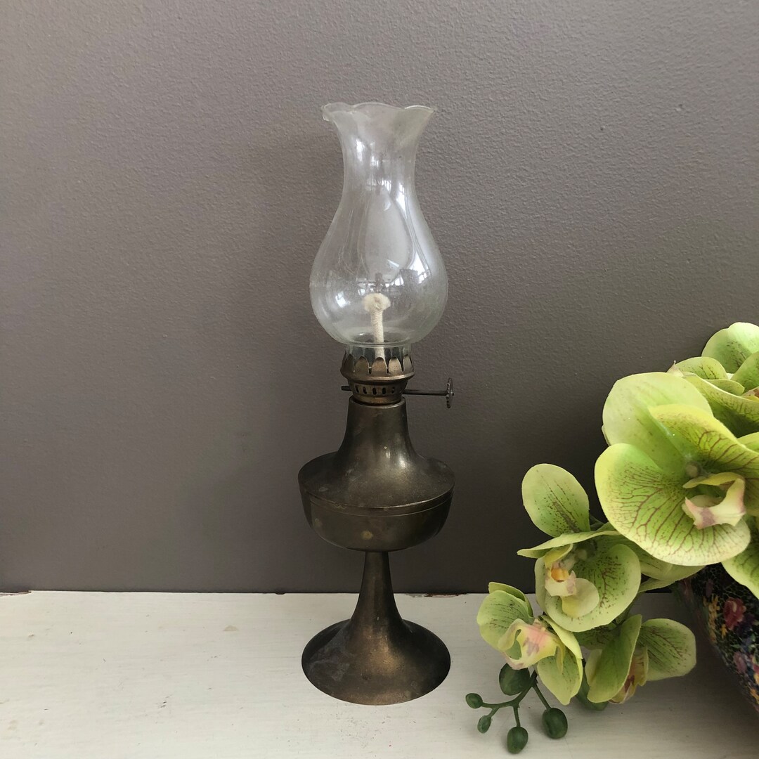 Vintage Brass Oil Lamp With Glass Shade, 11”, Farmhouse Decor, Lighting ...