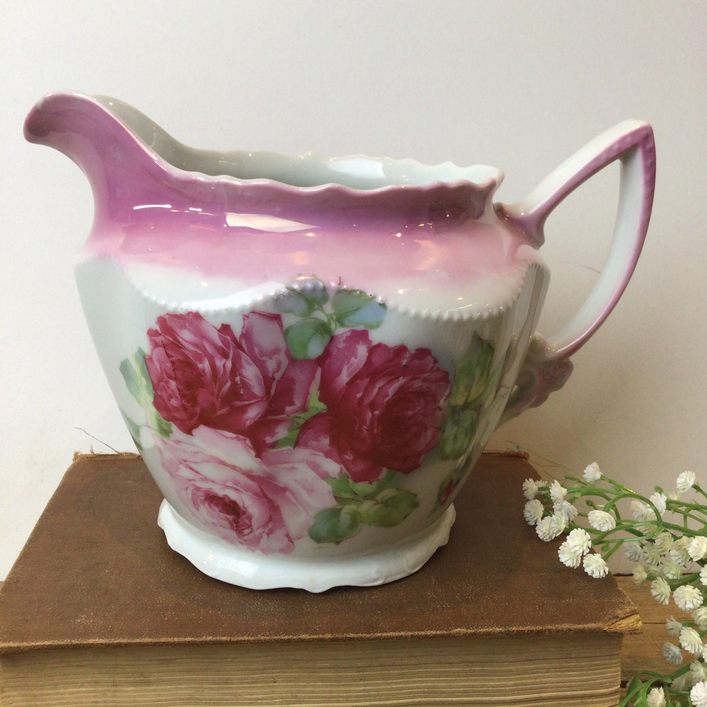 Large Antique German Pitcher Vase Milk Pitcher Floral Roses - Etsy