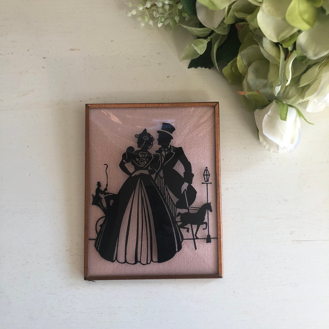 Vintage Silhouette Art, Victorian Couple, Convex Glass, Black and Pink ...